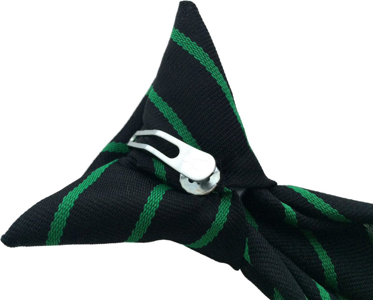 Black Clip On Tie with Slim Emerald Green Stripe Clipper Snapper Tie